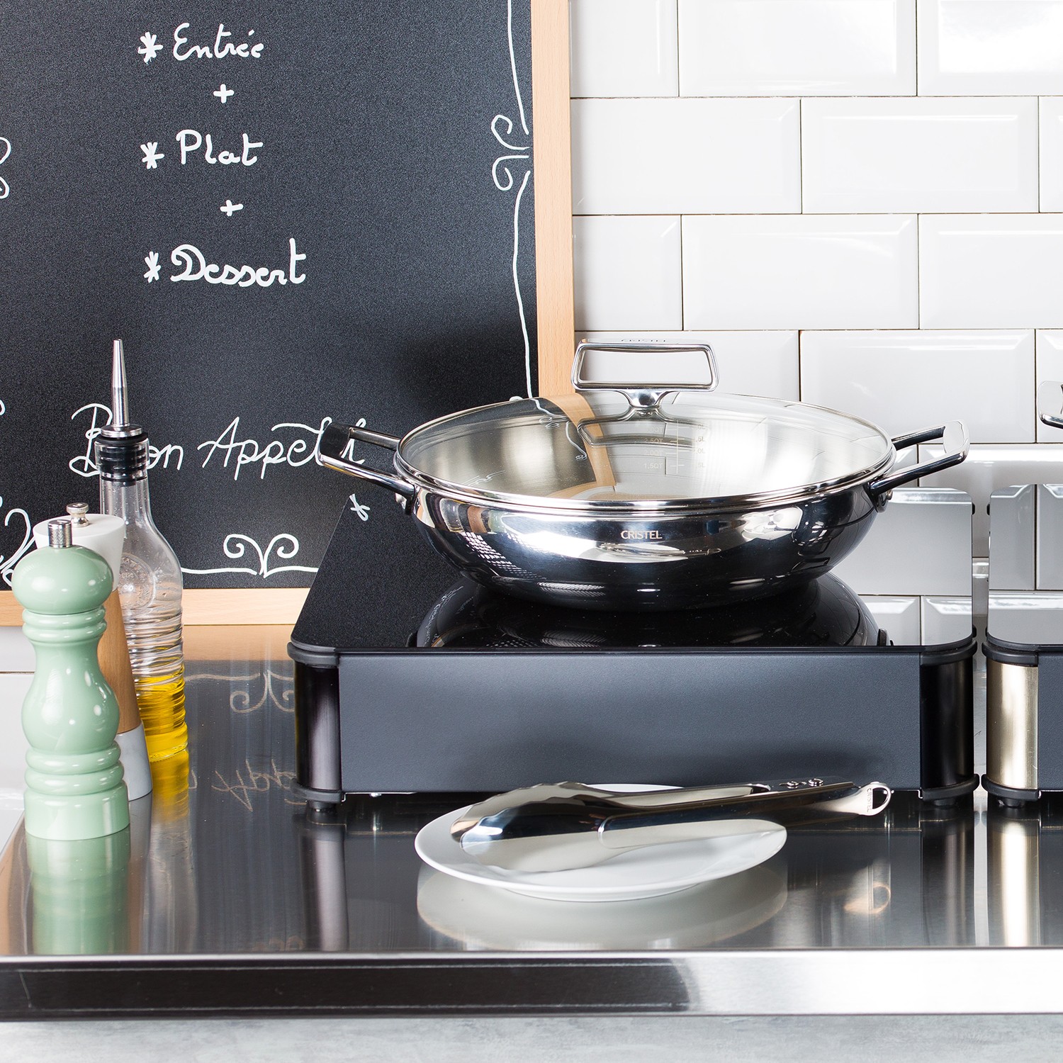 Stainless steel sauté pan with two side handles and glass lid - Castel ...